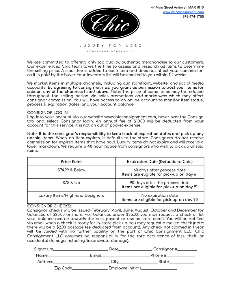 Consignor Policy – Chic Consignment LLC